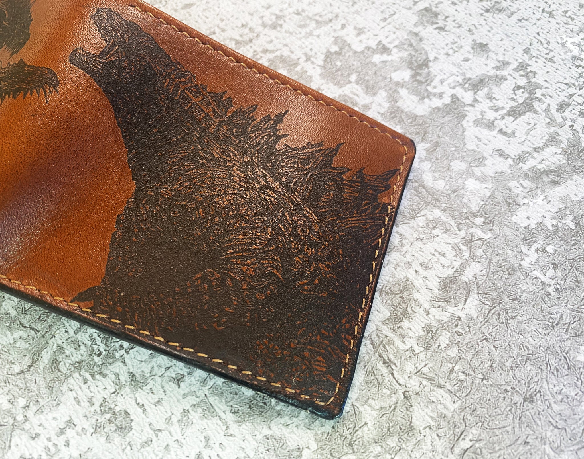 Godzilla King Ghidorah drawing leather wallet, custom engraving gift ...